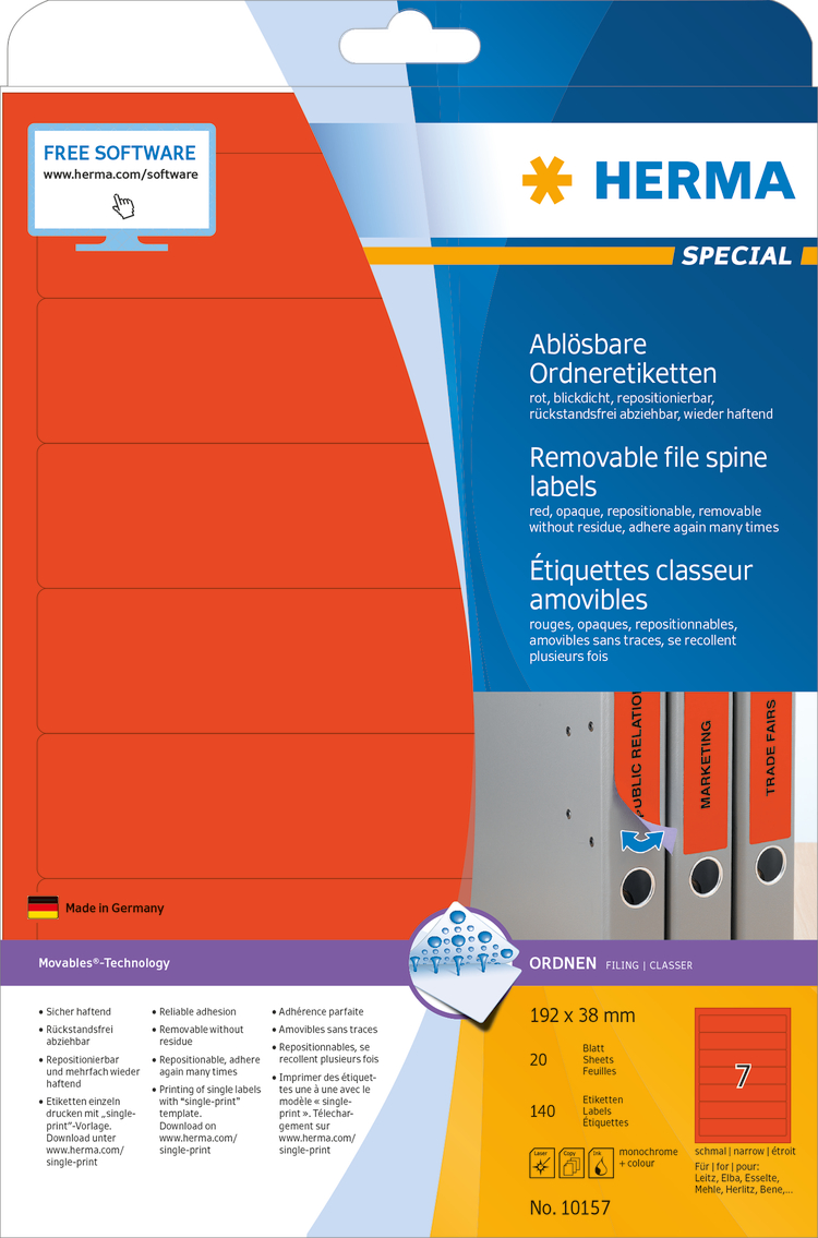 Removable File Spine Labels A4, 192 x 38mm, Red, Opaque, for Narrow ...