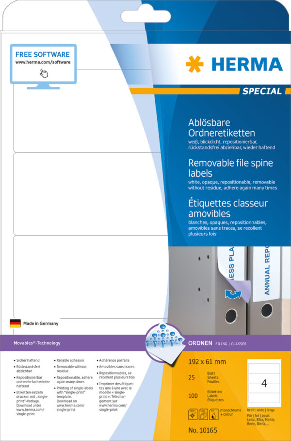 Removable File Spine Labels A4, 192 x 61mm, White, Opaque, for Wide ...