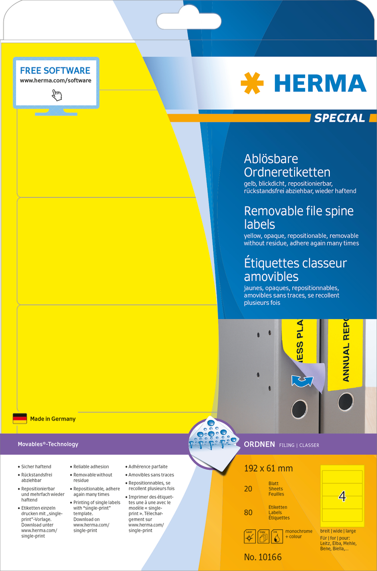 Removable File Spine Labels A4, 192 x 61mm, Yellow, Opaque, for Wide ...