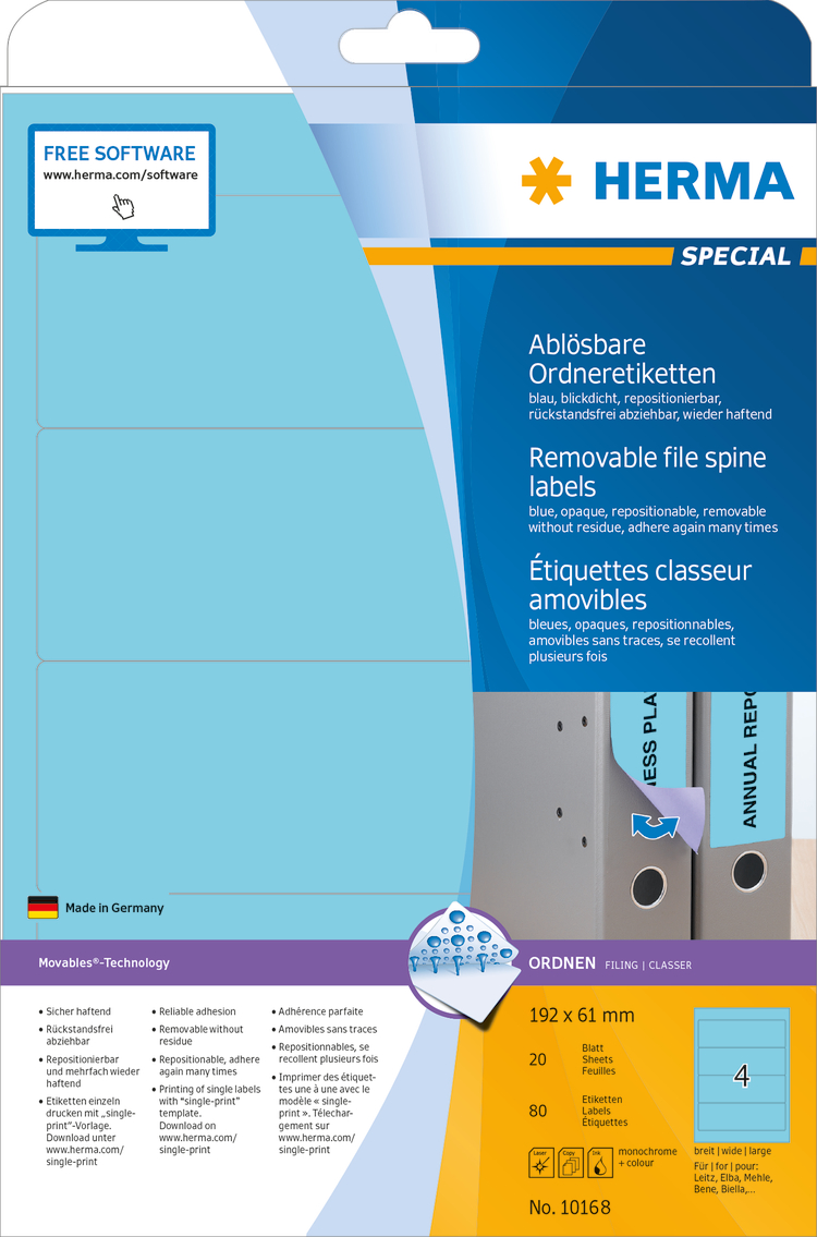 Removable File Spine Labels A4, 192 x 61mm, Blue, Opaque, for Wide ...