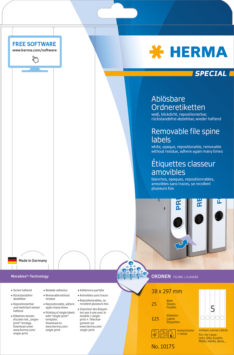 Removable File Spine Labels A4, 38 x 297mm, White, Opaque, for Narrow ...