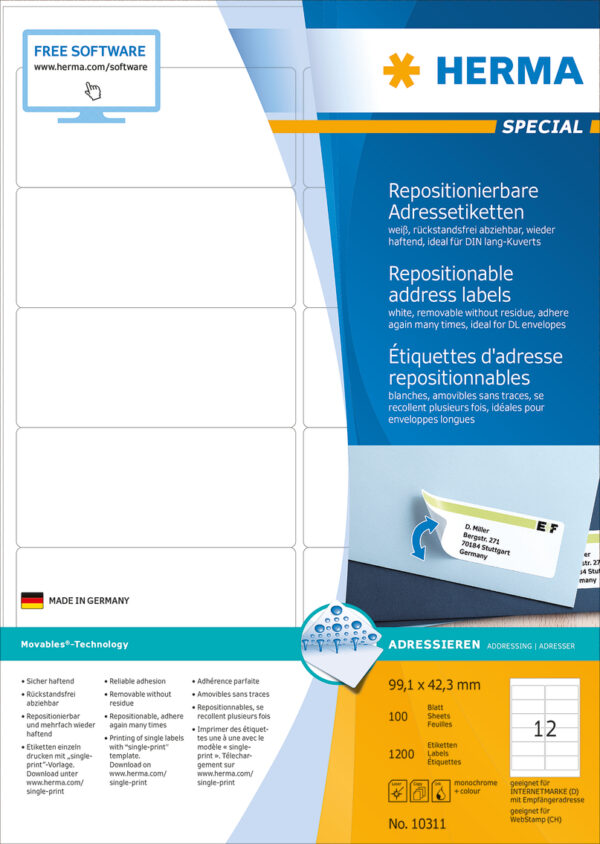 Removable Address Labels A4, 99.1 x 42.3mm, White, Movables Technology ...