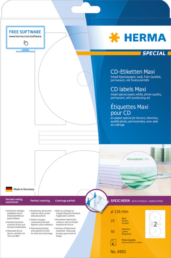 Inkjet CD Labels A4, 116mm, Maxi, White, Permanent Adhesion - Packaging ...