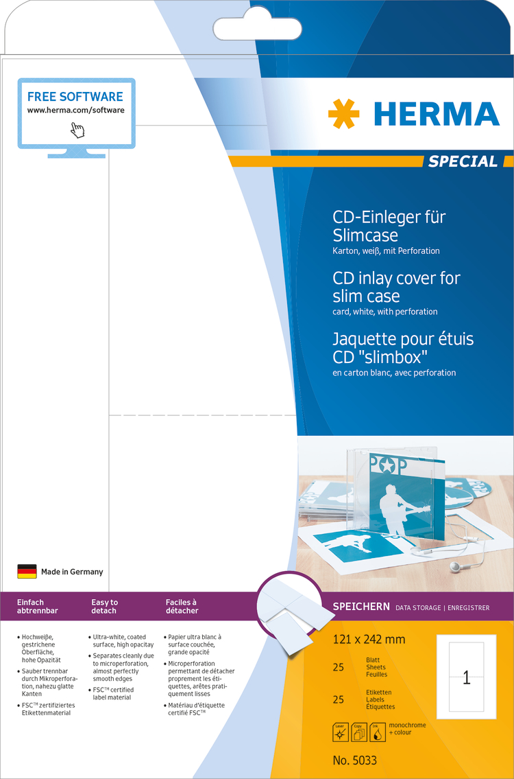 CD Inlay Card for Slim Cases A4, 121 x 242mm, White, made of Cardboard ...