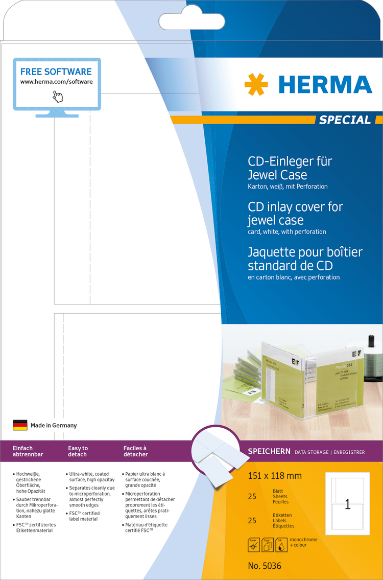 CD Inlay Card for Jewel Cases A4, 151 x 118mm, White, made of Cardboard ...