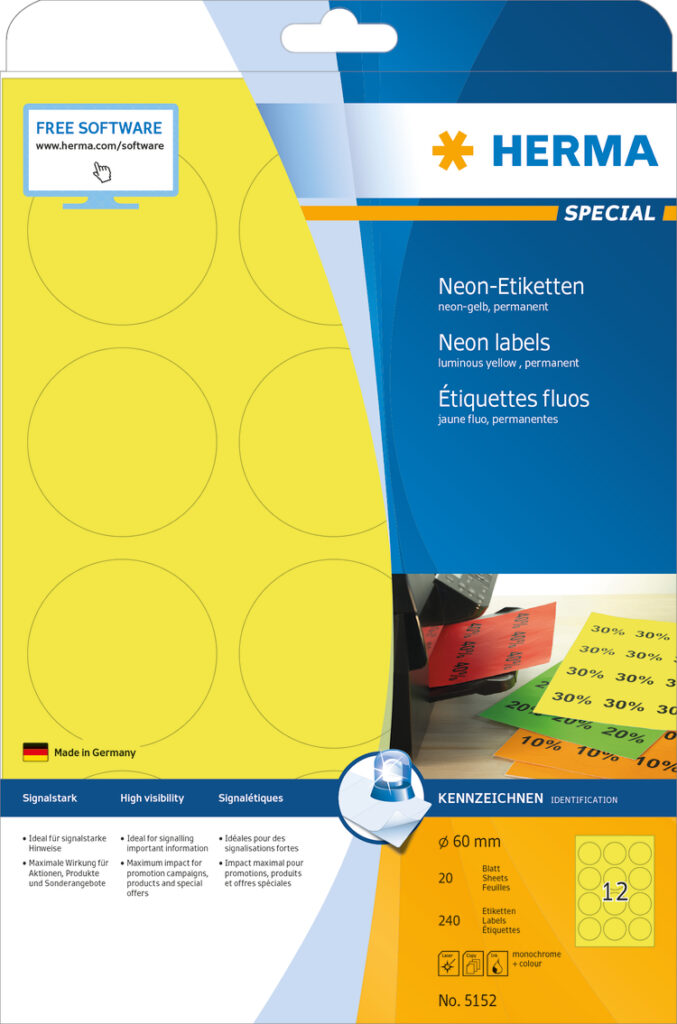 Neon Labels A4, 60mm, Round Luminous Yellow Permanent Adhesion ...