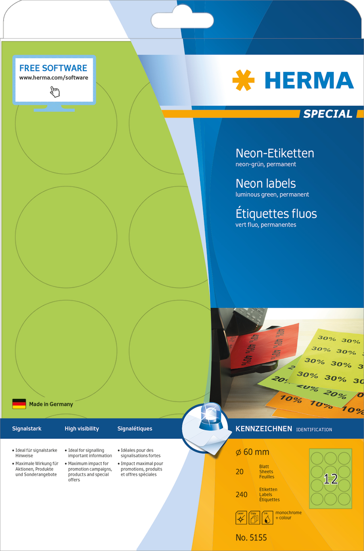 Neon Labels A4, 60mm, Round Luminous Green Permanent Adhesion ...