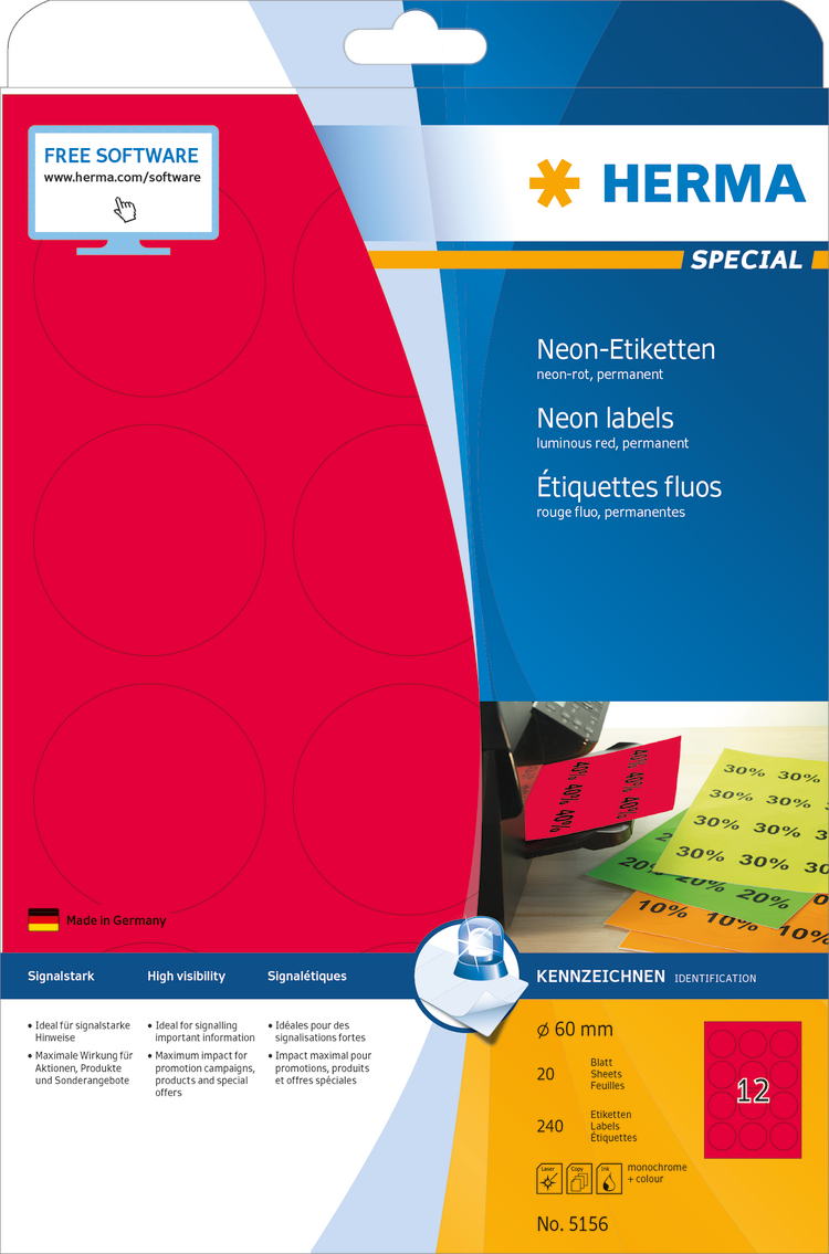 Neon Labels A4, 60mm, Round Luminous Red Permanent Adhesion - Packaging ...