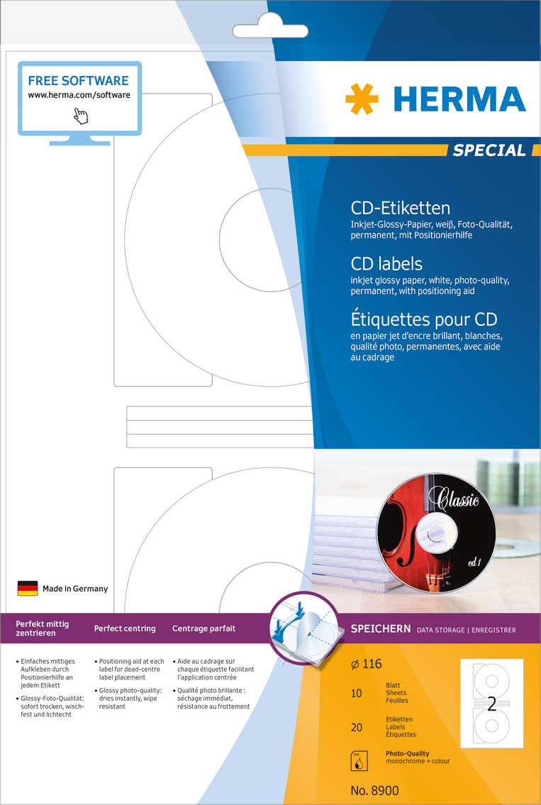 High-Gloss CD Labels A4, 116mm, made of Film, Permanent Adhesion ...