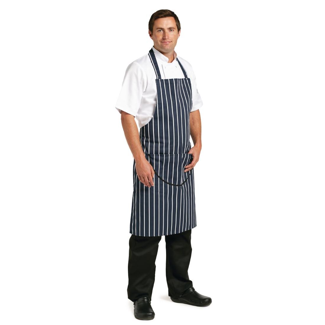 Whites Butchers Stripe Apron Navy with Pocket